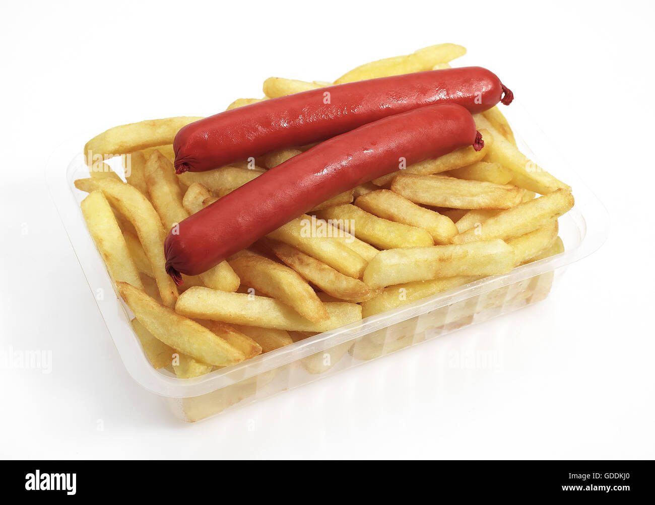 Sausages and French Fries against White Background Stock Photo - Alamy