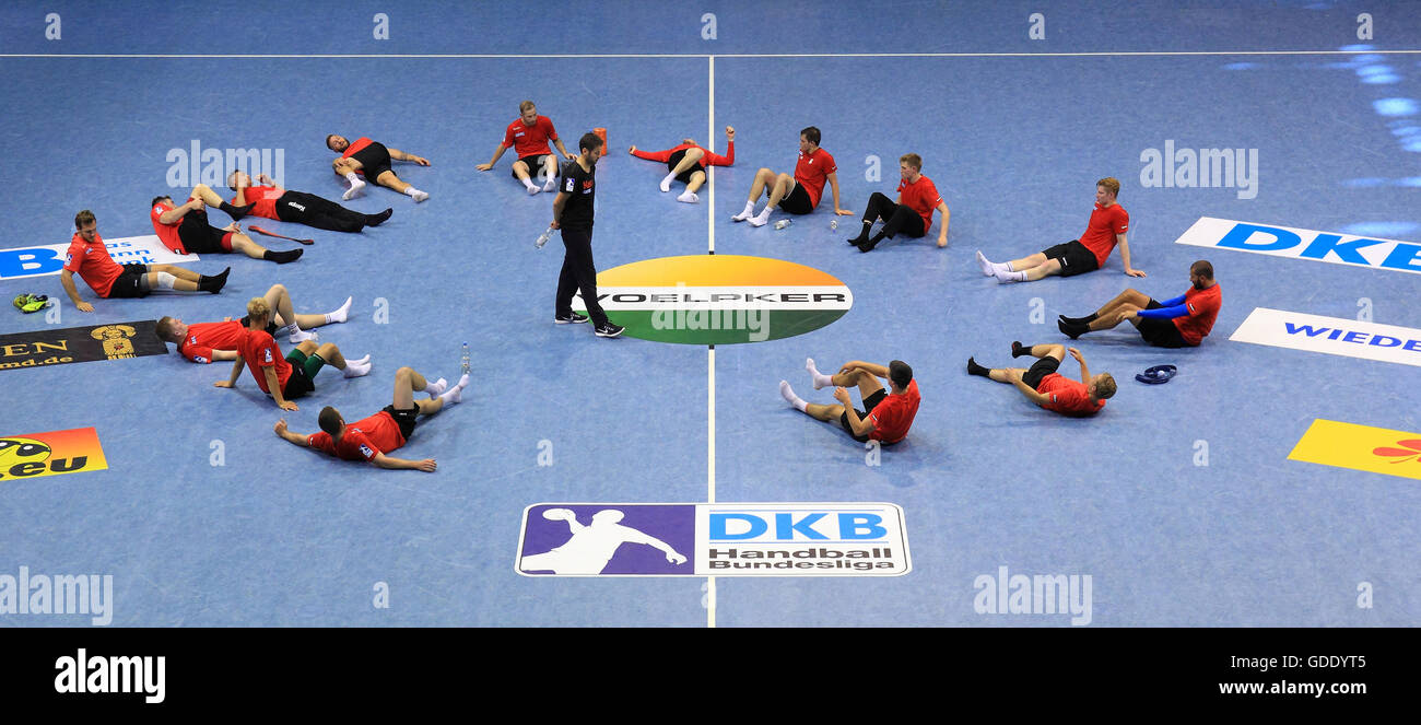 Magdeburg, Germany. 15th July, 2016. Bennet Wiegert (C), coach of the ...