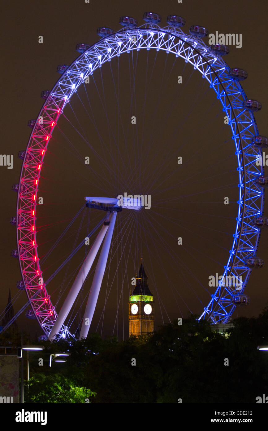 London, UK. 15th July, 2016. Landmarks light up with the colours of the ...