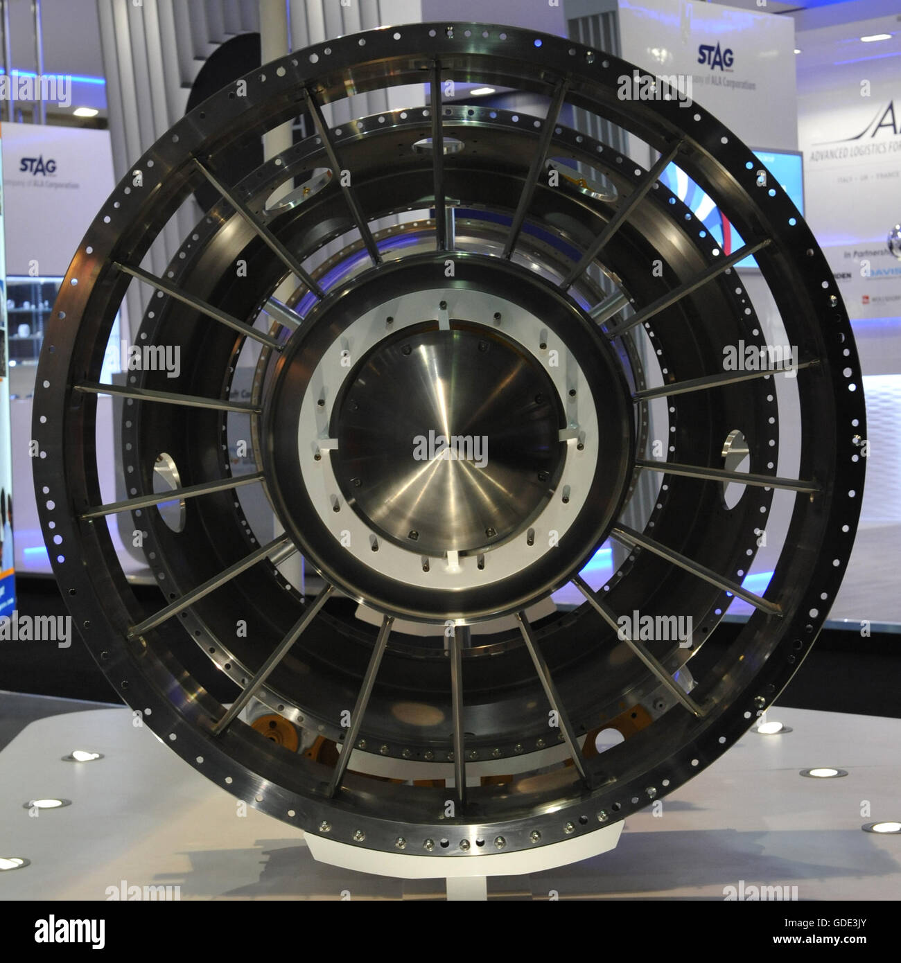 Farnborough, UK. 15th July, 2016. High tech jet engine parts on display ...