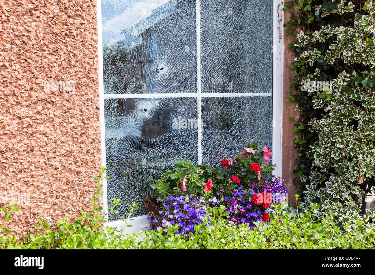 Belfast, UK, Europe. 16th July 2016. Two bullet holes in the double ...