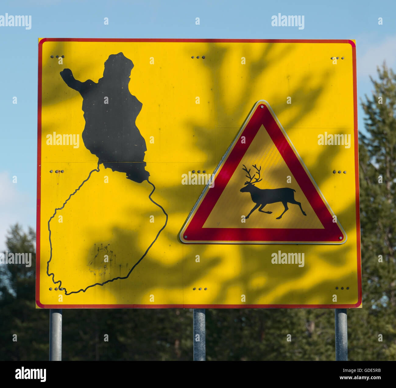 Inari, Finland. 16th Apr, 2016. A deer crossing warning sign featuring ...