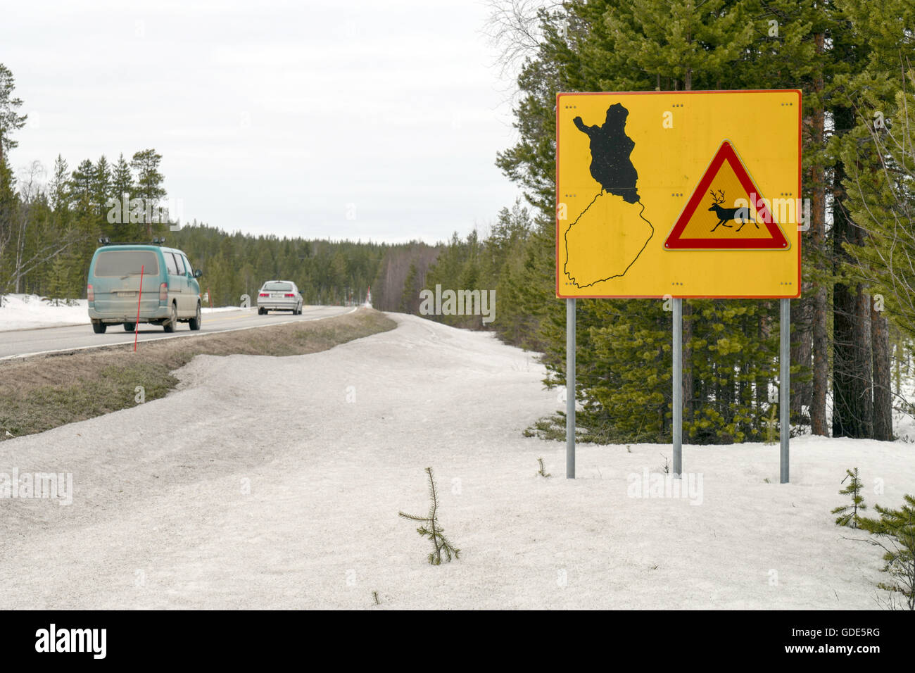 Inari, Finland. 16th Apr, 2016. A deer crossing warning sign featuring ...