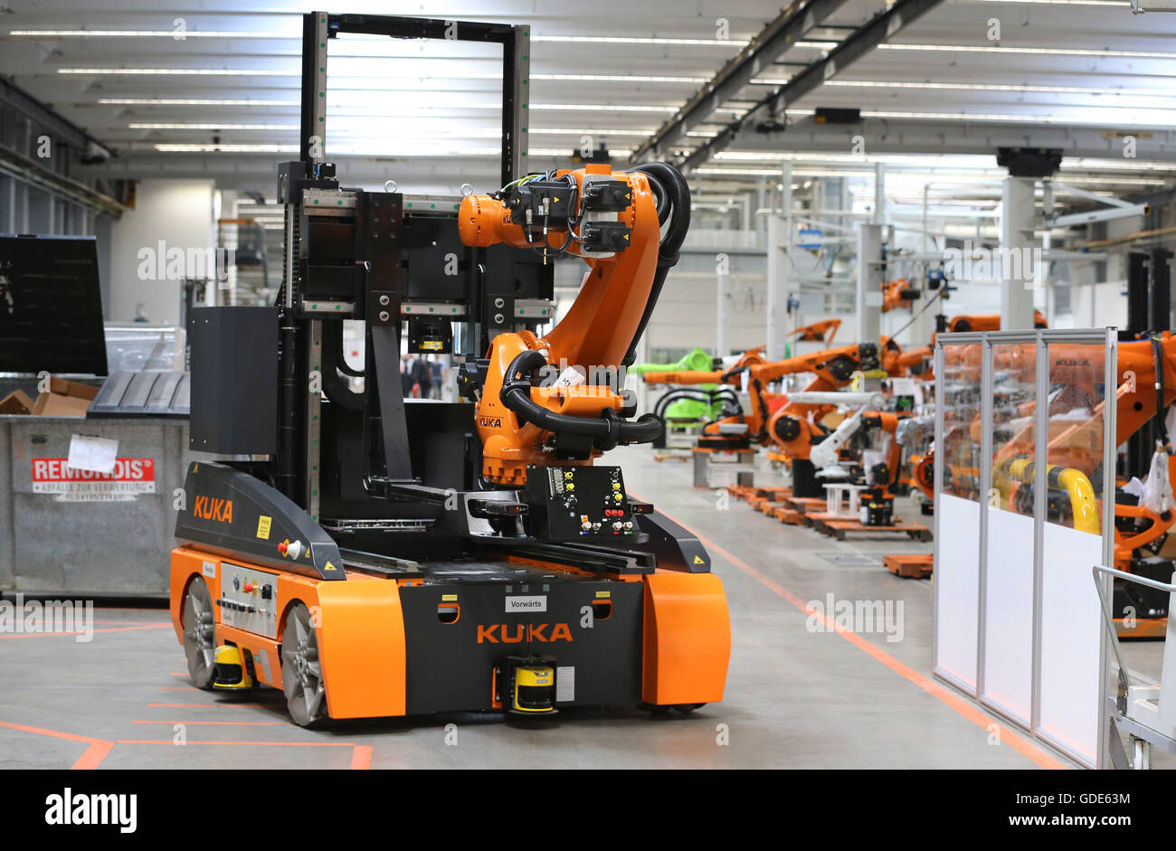 Augsburg, Germany. 14th July, 2016. A Kuka robot is transported by ...