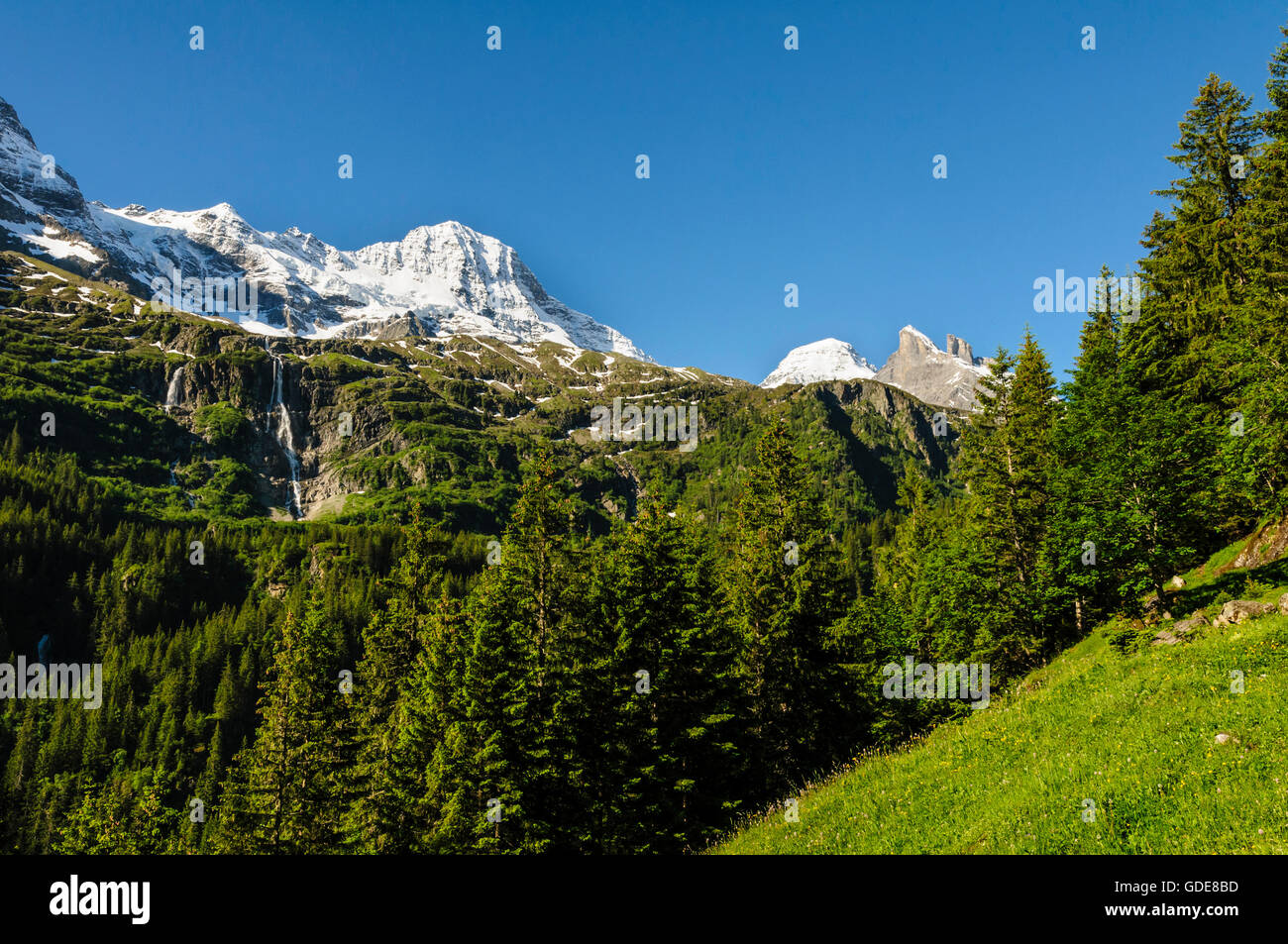 The mountain Breithorn (or Lauterbrunner Breithorn) and the waterfalls ...