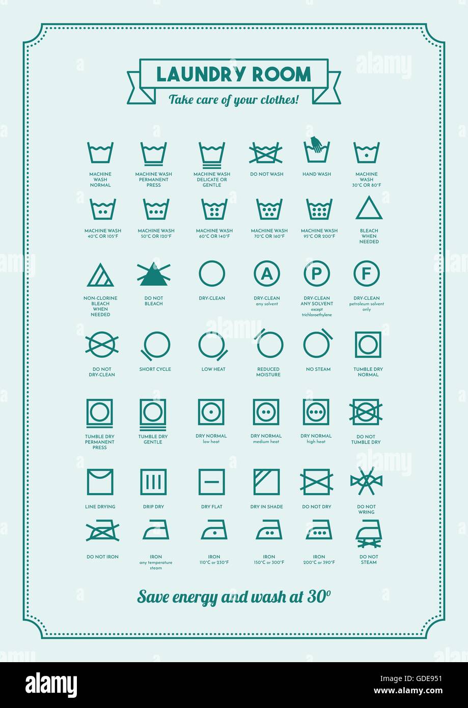 Laundry and washing clothes symbols with texts poster Stock Vector ...