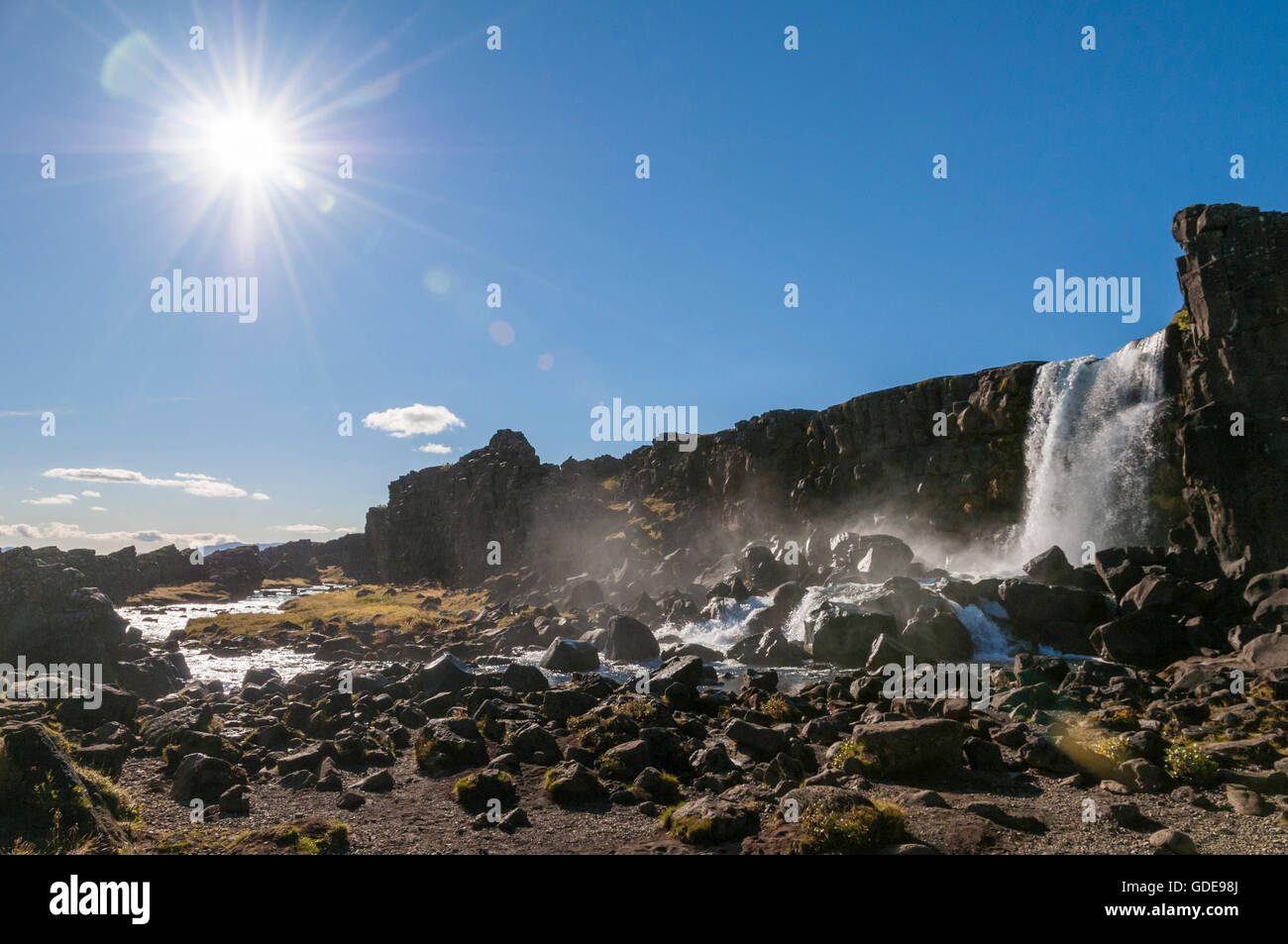 Almannagja gorge in Pingvellir national park with Öxararfoss waterfall ...