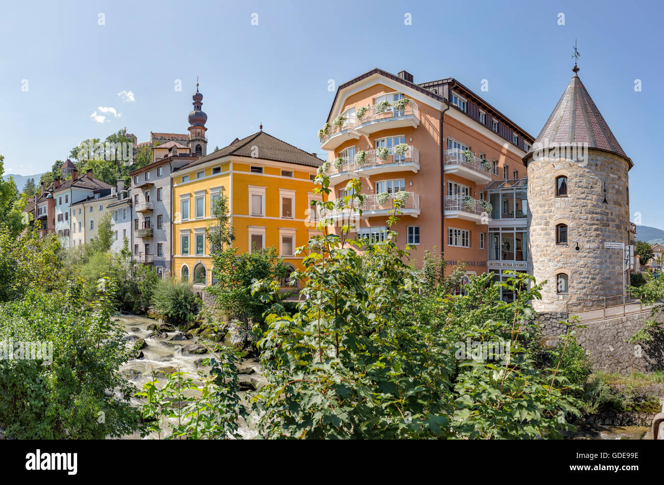 Bruneck,Brunico,Italia,Houses at the river Rienz,Passeggiata Gross ...