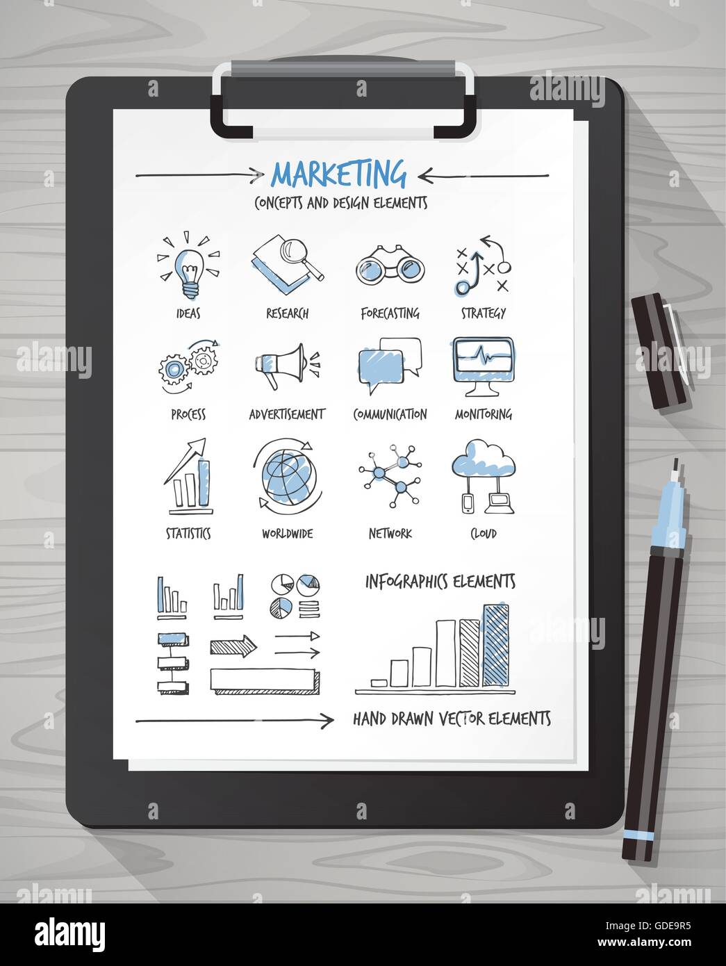 Hand drawn marketing icons and concepts on a sheet with clipboard and ...