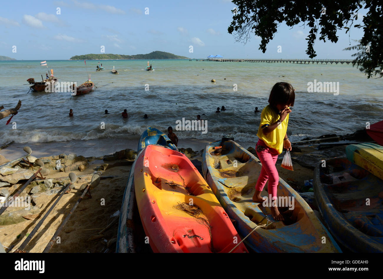 childen on the Beach at the fishmarket in Rawai on the Rawai Beach on ...