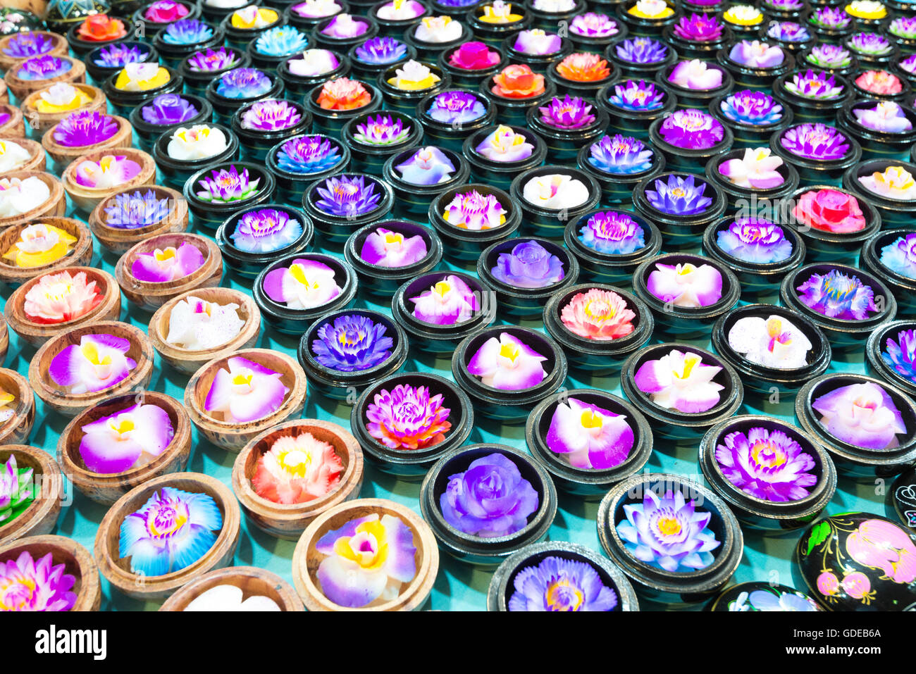 Handicrafts, carved soap tropical flowers, Hua Hin, Thailand Stock ...