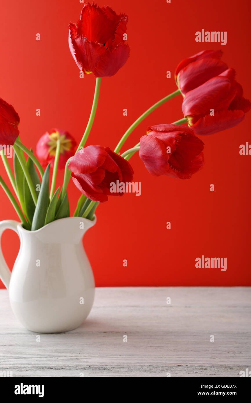 fresh flowers in white jug, tulips Stock Photo - Alamy