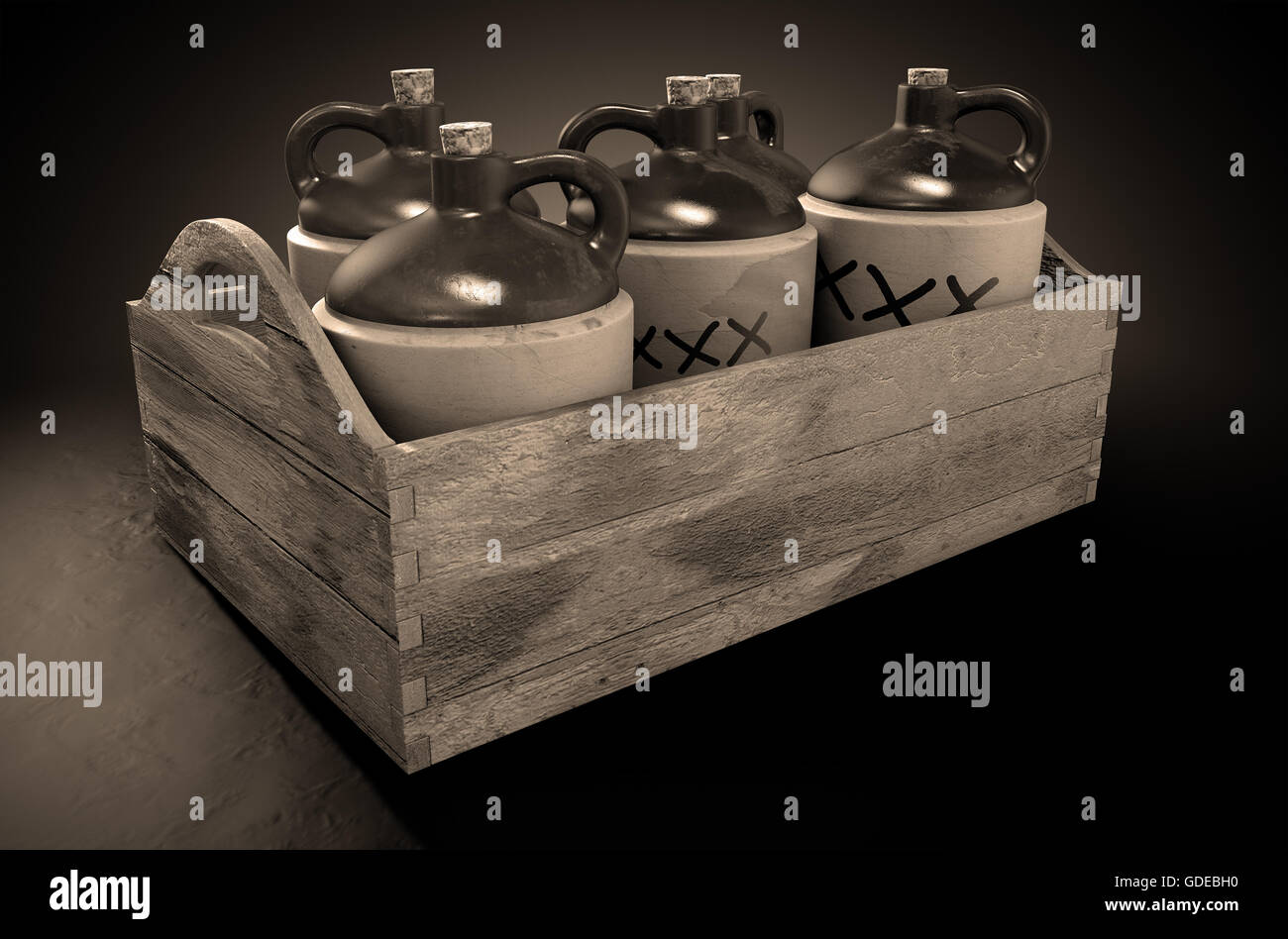 A 3D render of a collection of five vintage moonshine jugs in a wooden ...