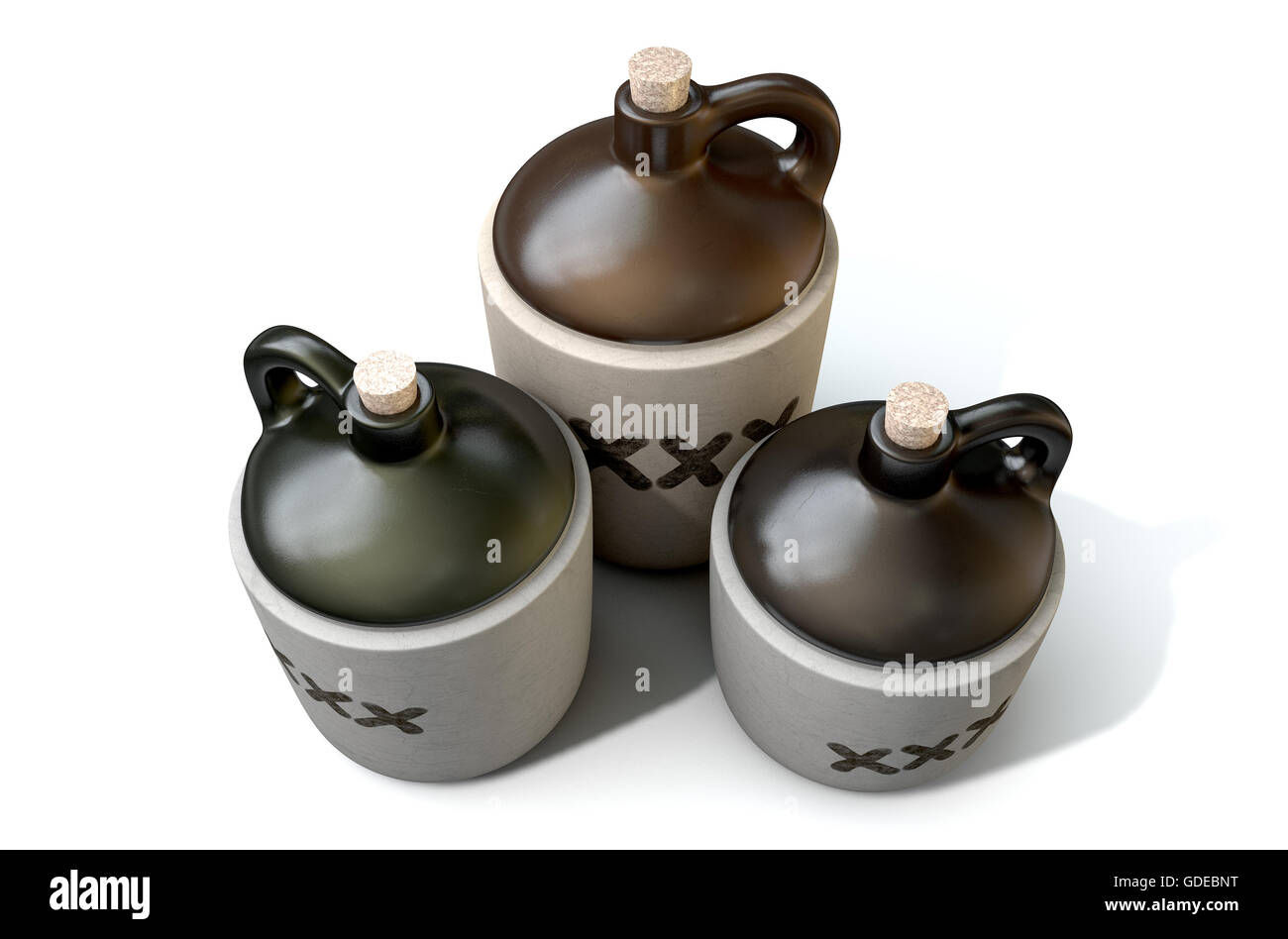 A 3D render of a collection of three vintage moonshine jugs on an ...