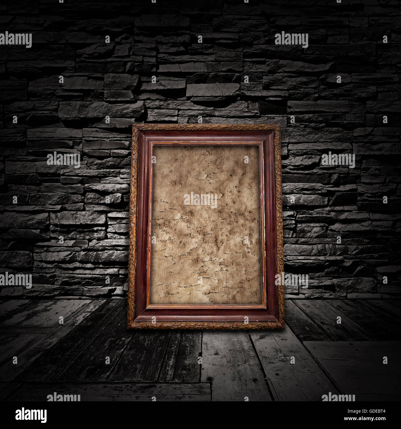 vintage black and white interior of a room with a stone wall with ...