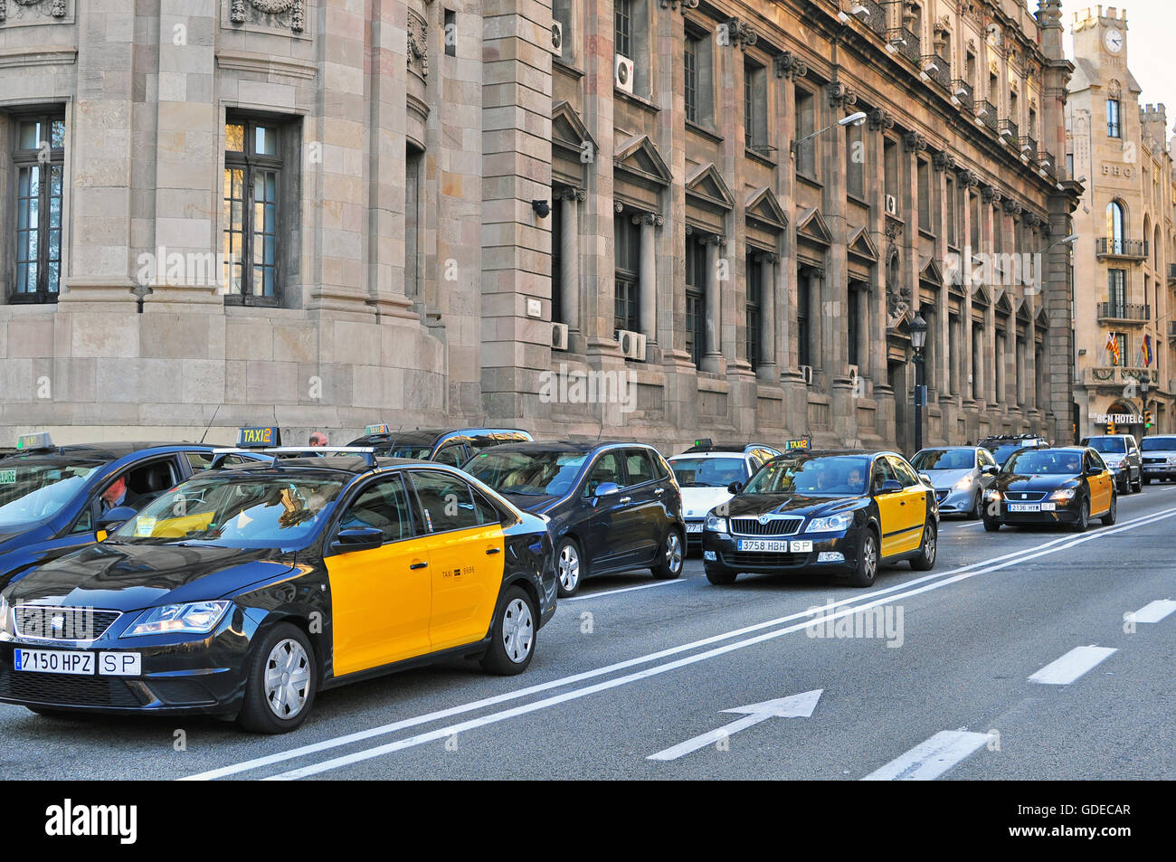 BARCELONA, SPAIN - JANUARY 1: Taxi cars on the street of Barcelona ...