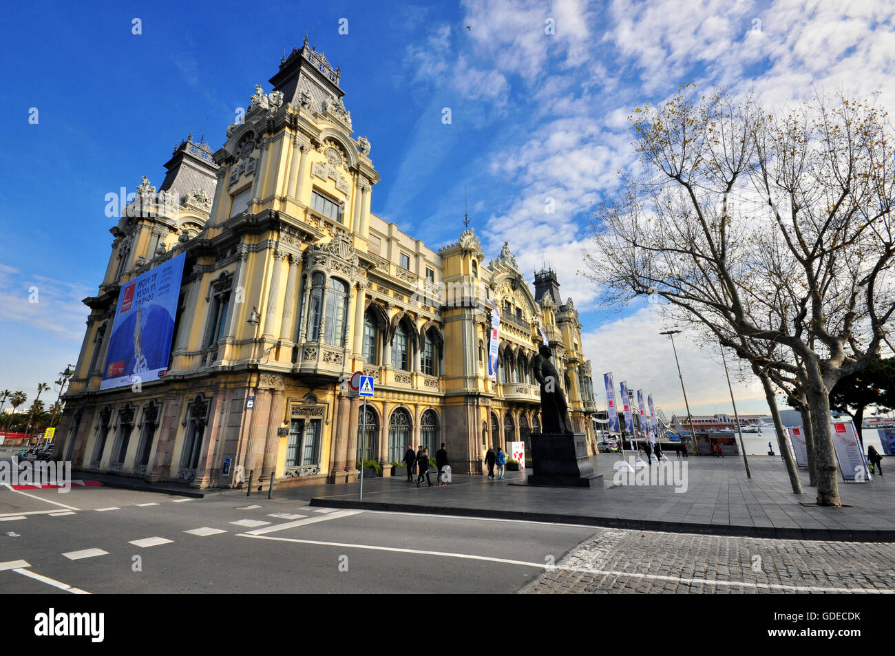 BARCELONA, SPAIN - FEBRUARY 6: Facade of Barcelona port building in ...