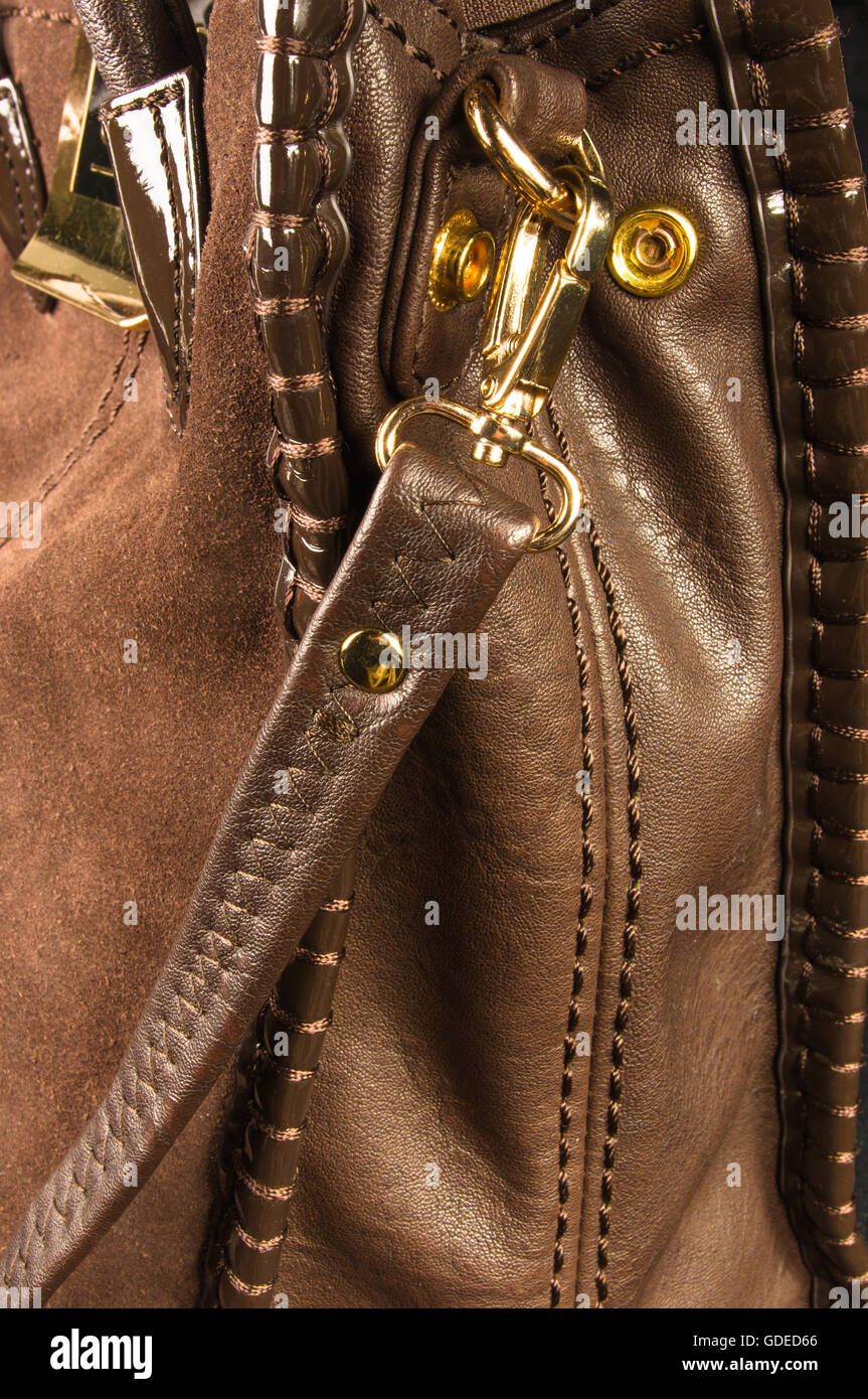closeup of the seams on brown leather hand bag Stock Photo - Alamy