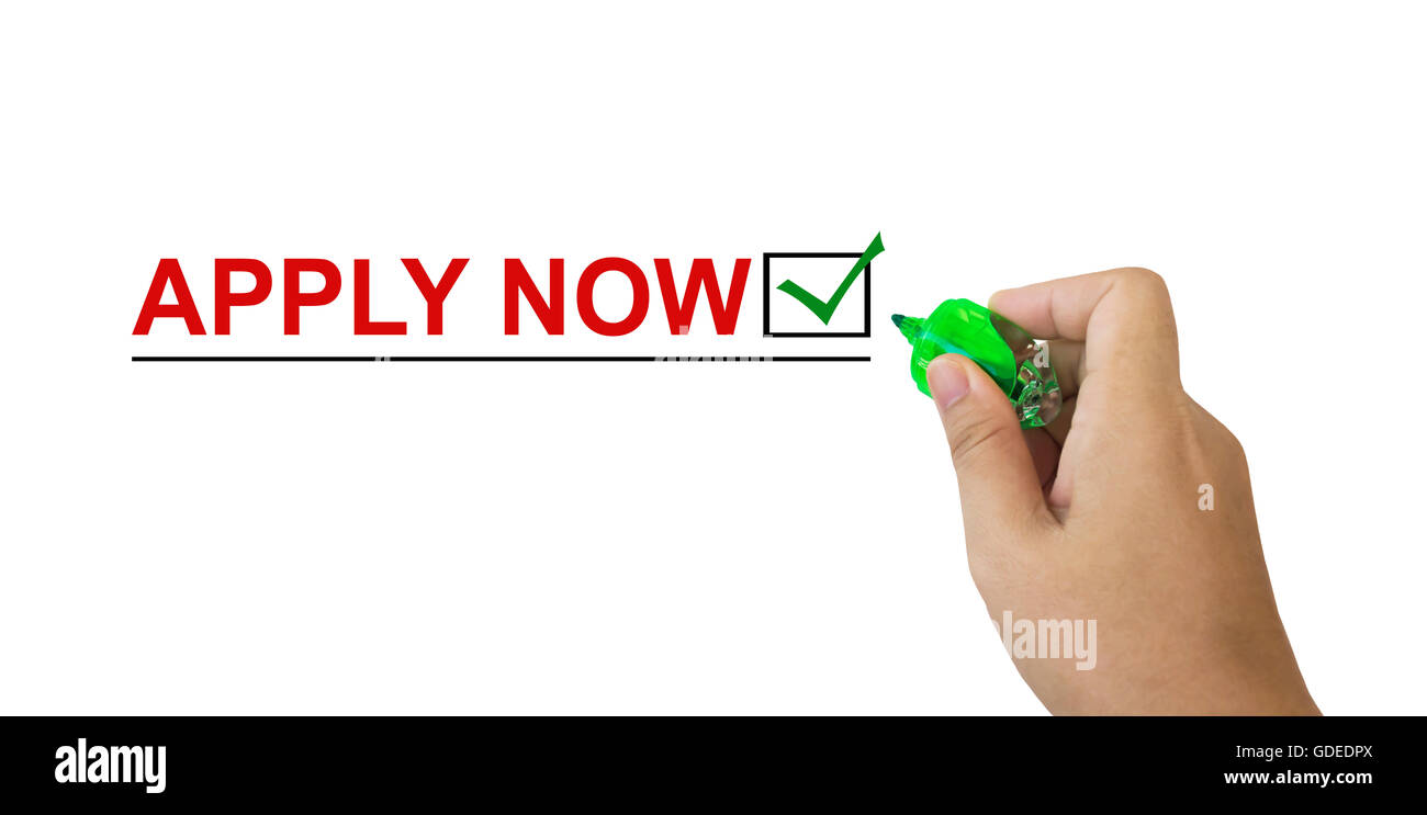 Text apply now in red colour with isolated hand and marker pen writing ...