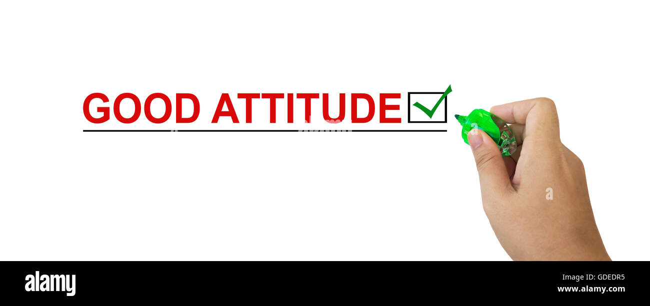 Text good attitude in red colour with isolated hand and marker pen ...
