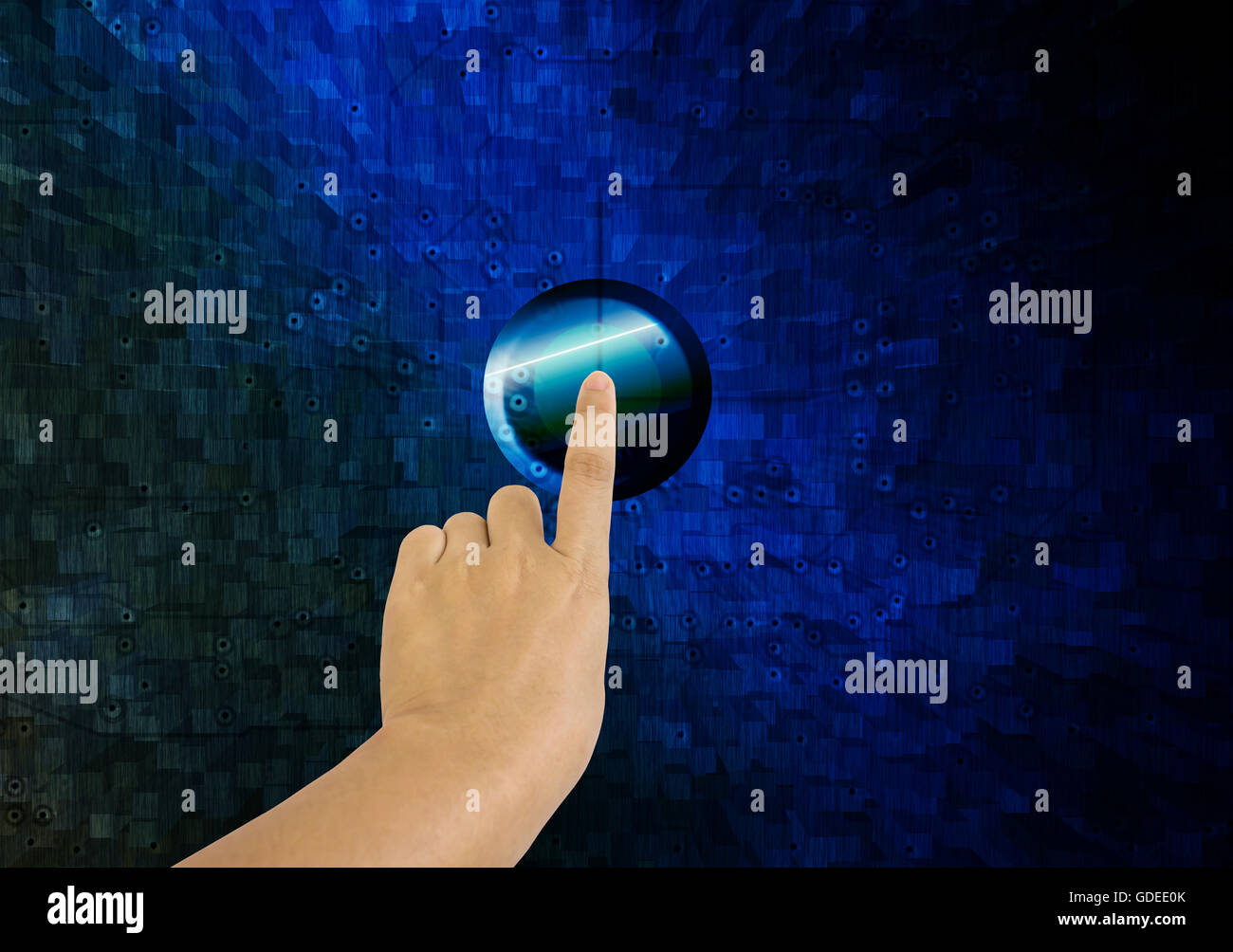 Hand and finger press or push big button or node on electronic ...