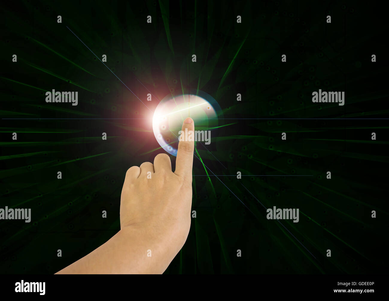 Hand and finger press or push big button or node on electronic ...