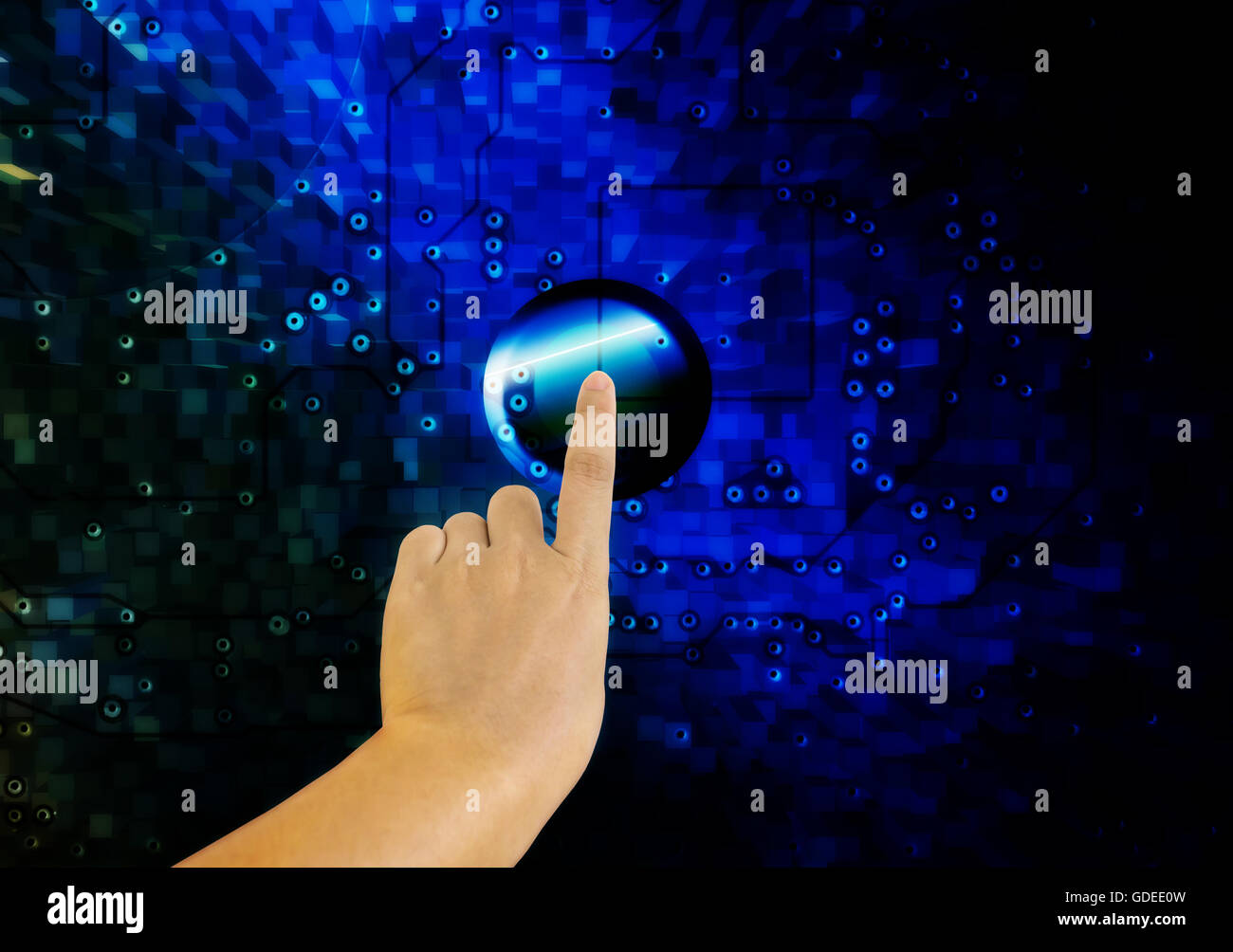 Hand and finger press or push big button or node on electronic ...