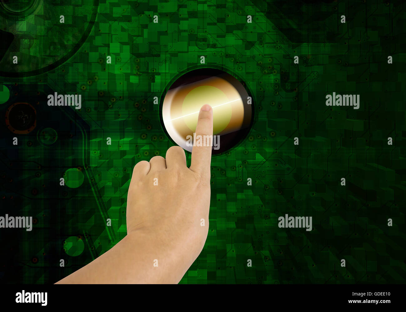 Hand and finger press or push big button or node on electronic ...