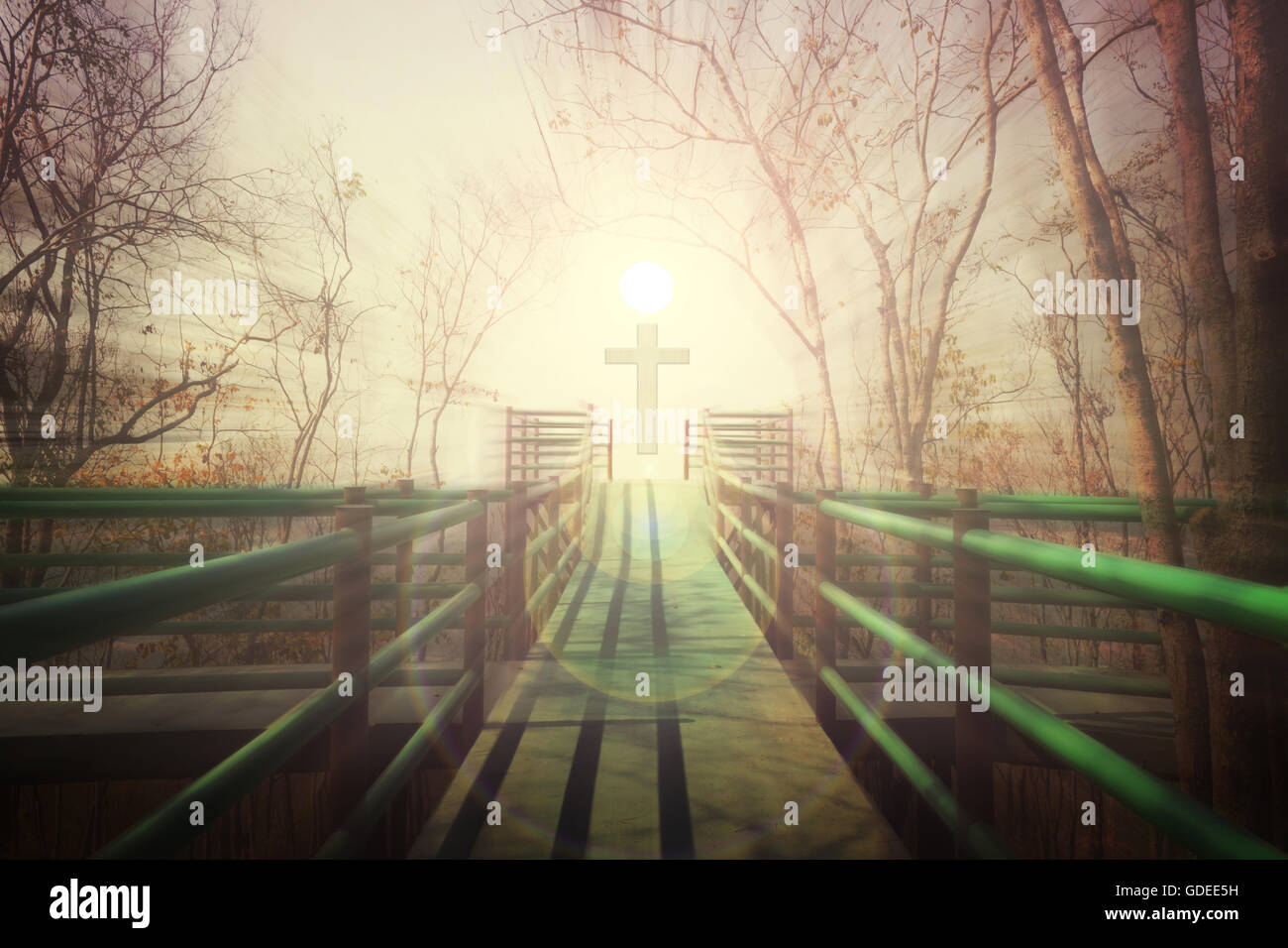 Long footpath way to light with crucifix, concept way to peace, believe ...