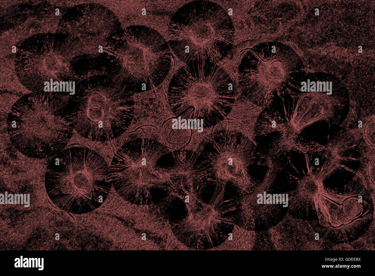 Abstract black round shape on red texture with various form background ...