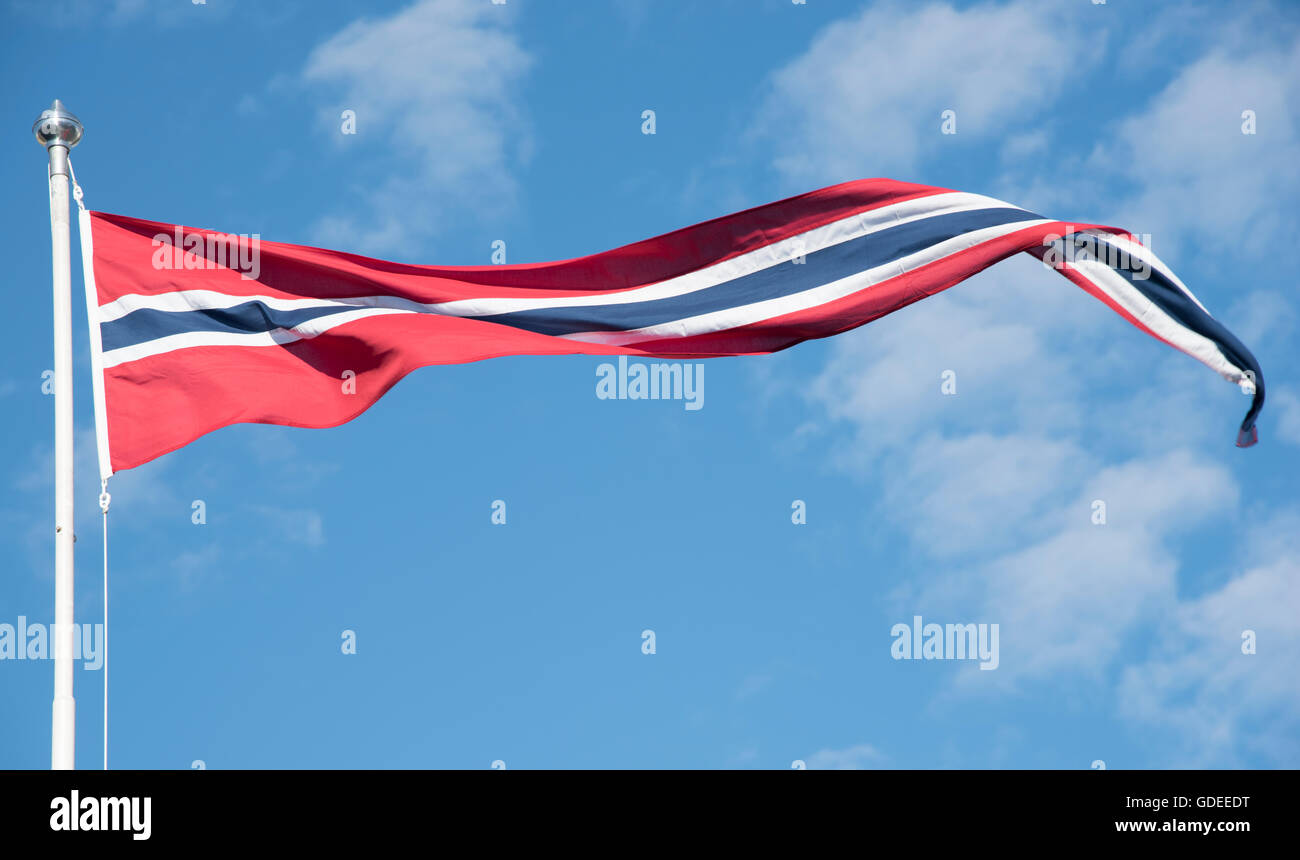 Colorful Norway Flag flying in the wind, Alesund, Norway, More og ...