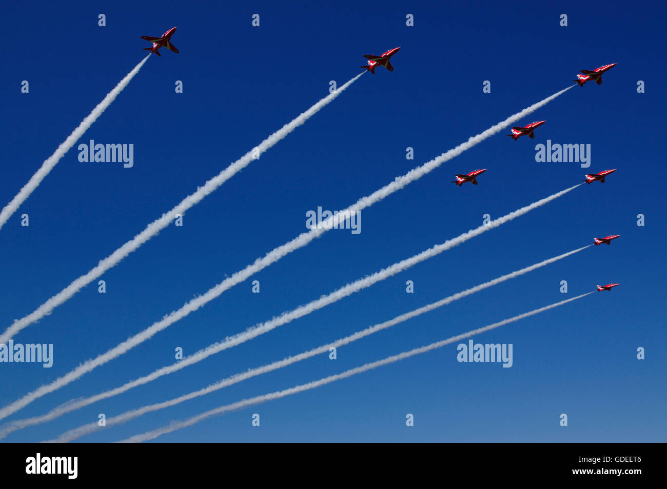 RAF Red Arrows display team arriving at air show in formation Stock ...