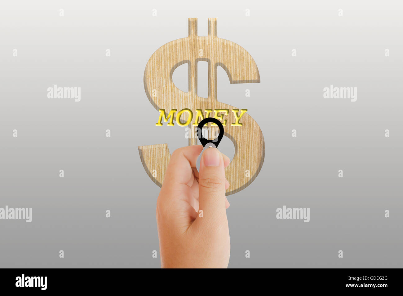 Isolated hand with lens on platinum background with dollar sign and ...