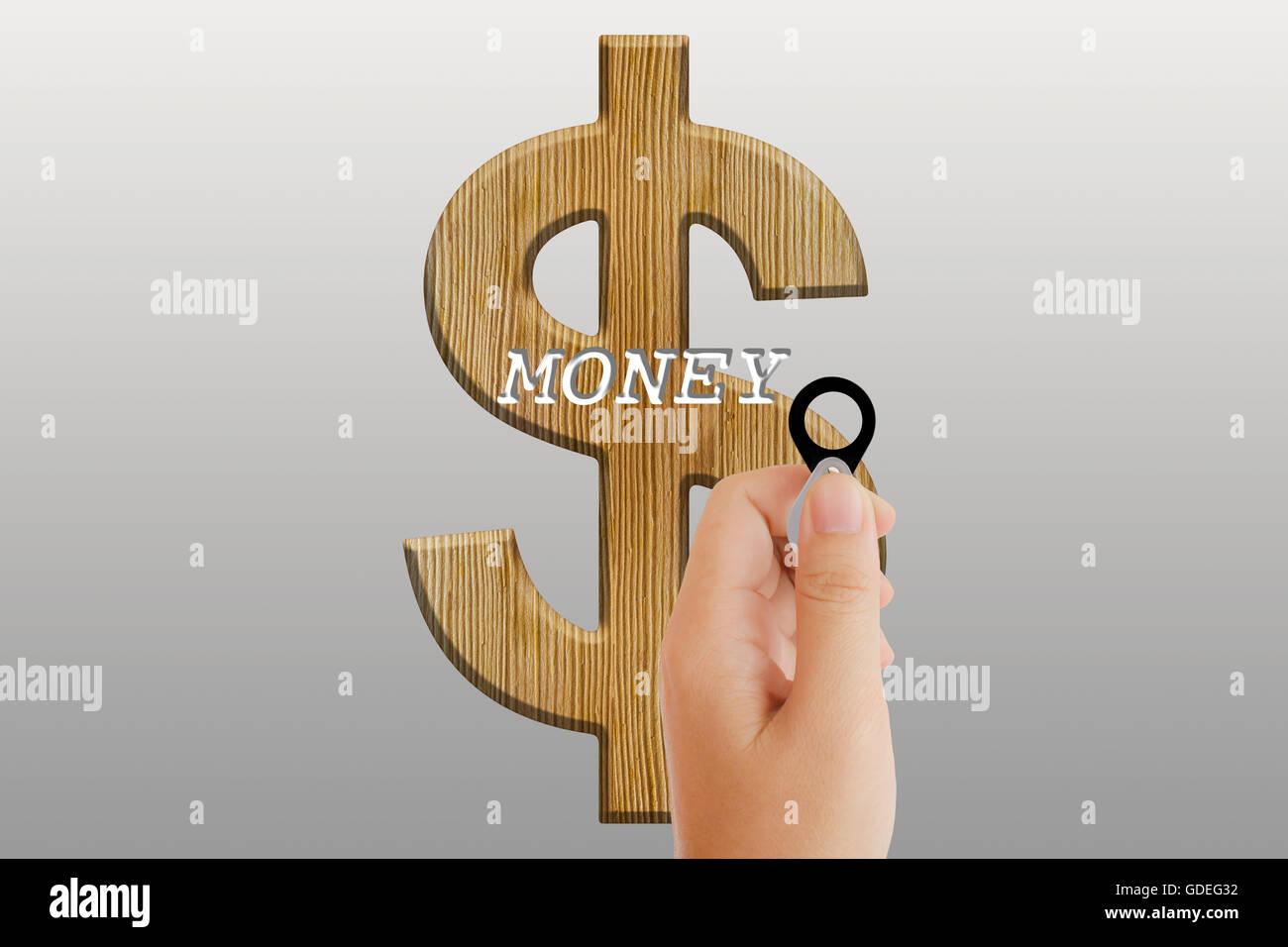 Isolated hand with lens on platinum background with dollar sign and ...