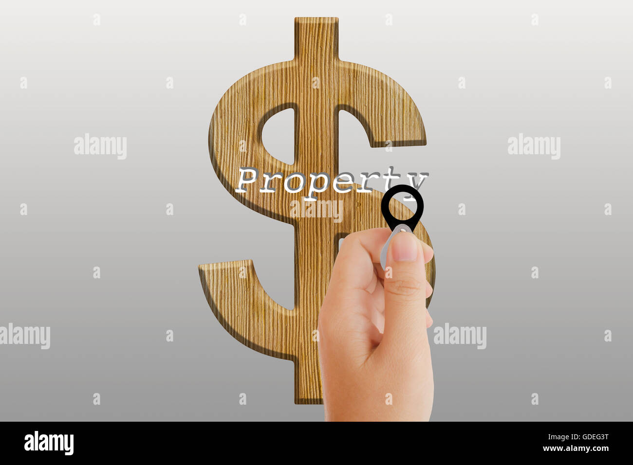 Isolated hand with lens on platinum background with dollar sign and ...