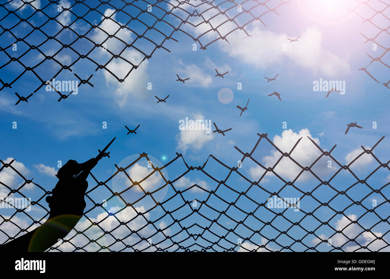 Silhouette hand with scissors cutting net with sky background, freedom ...