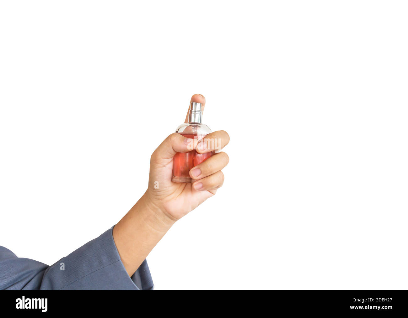 Isolated business women hand spraying or present bottle of perfume on ...