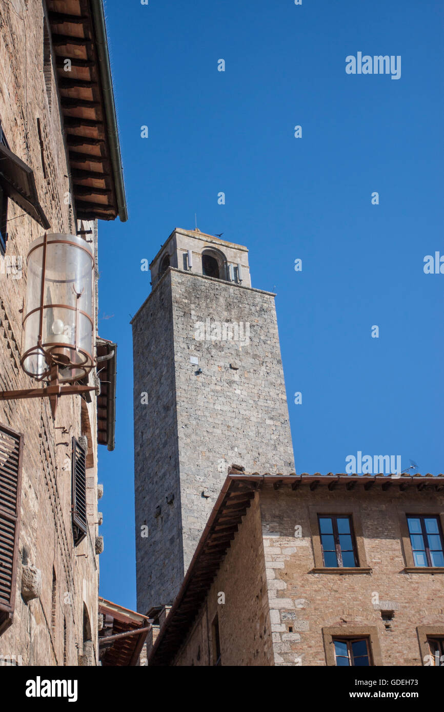 Street view with classic street lamp, tower and old palaces in San ...