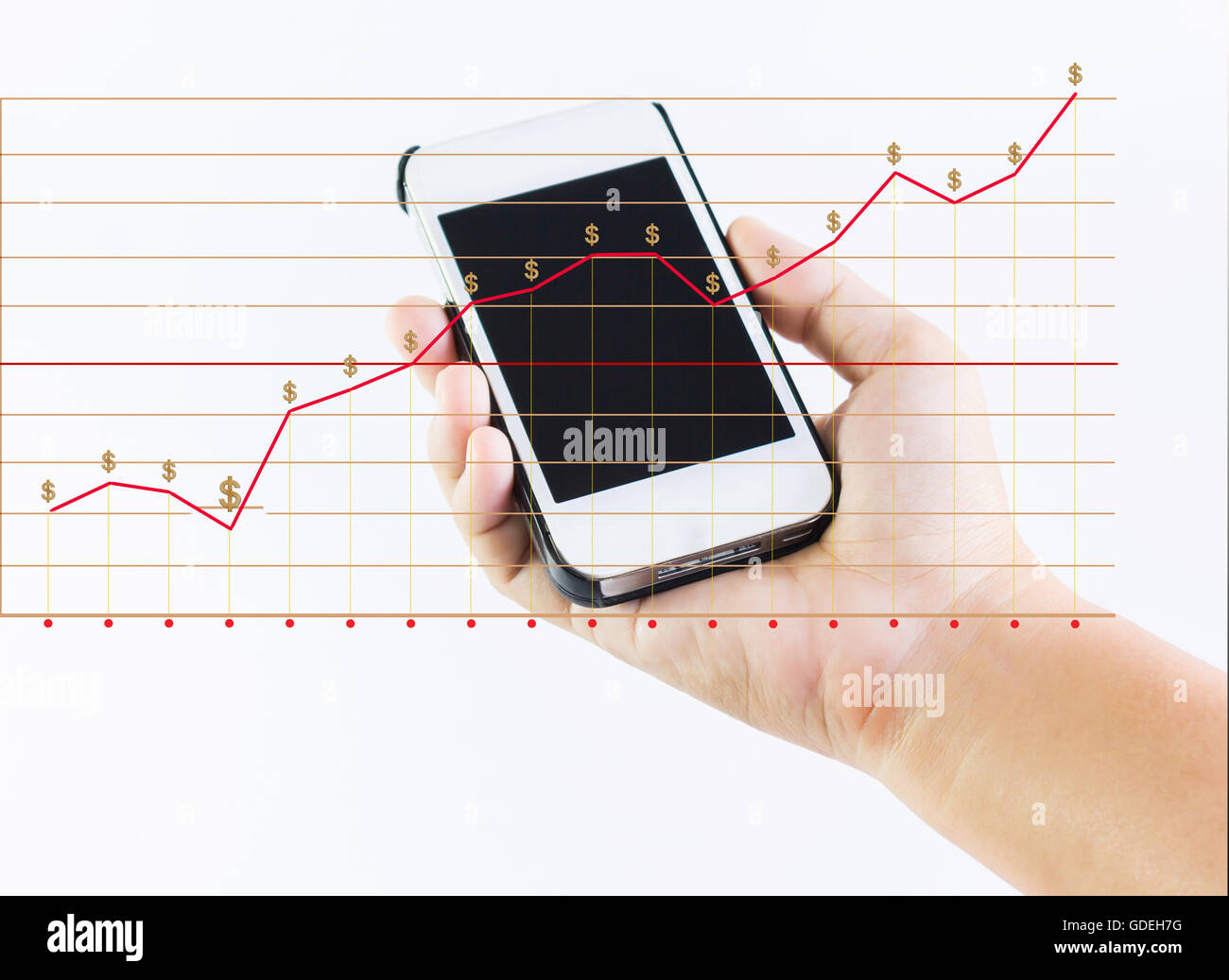 Hand holding cellphone with business earning diagram and dollar sign on ...
