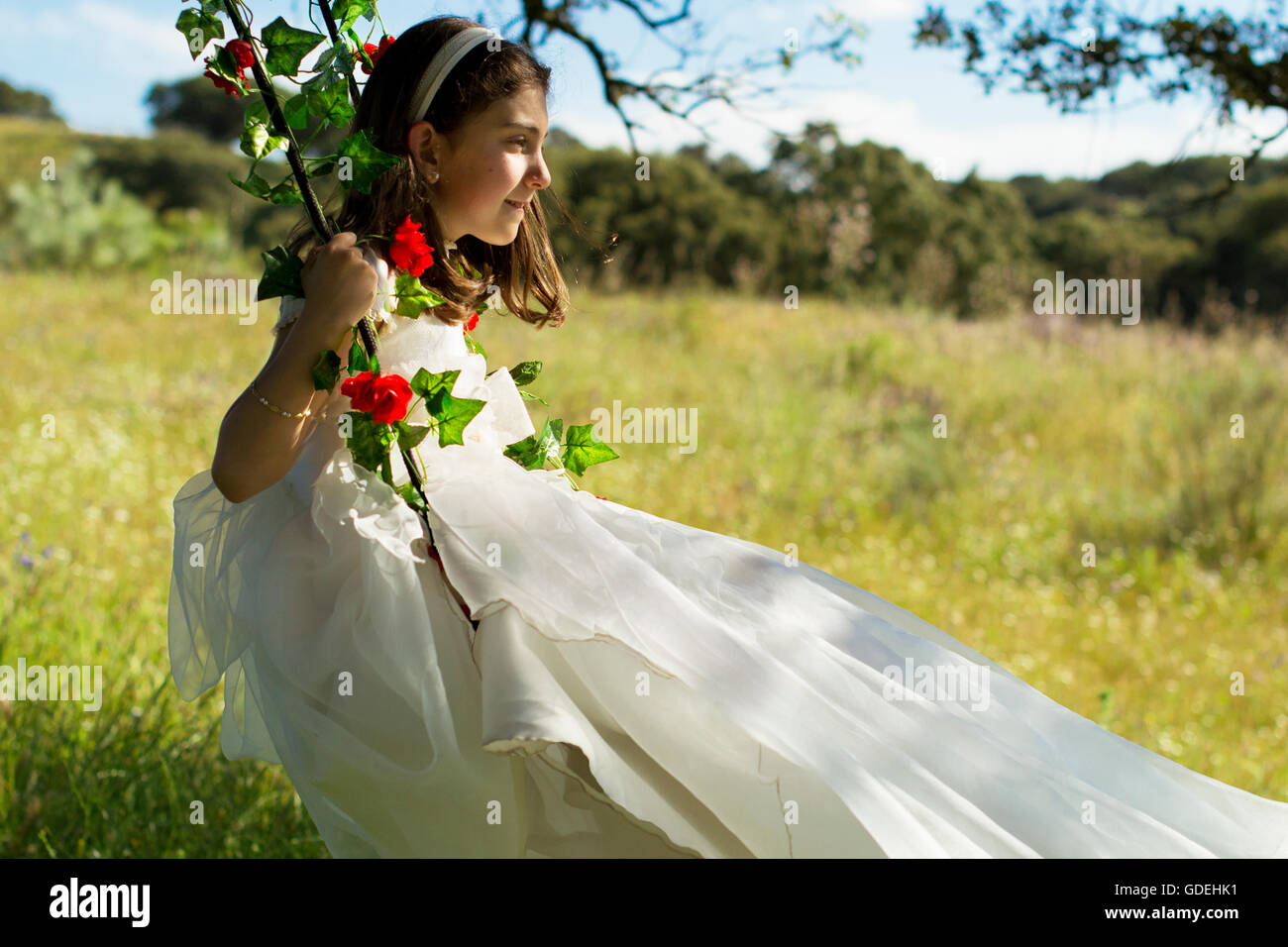 Girl wearing first communion dress sitting on swing in field Stock ...