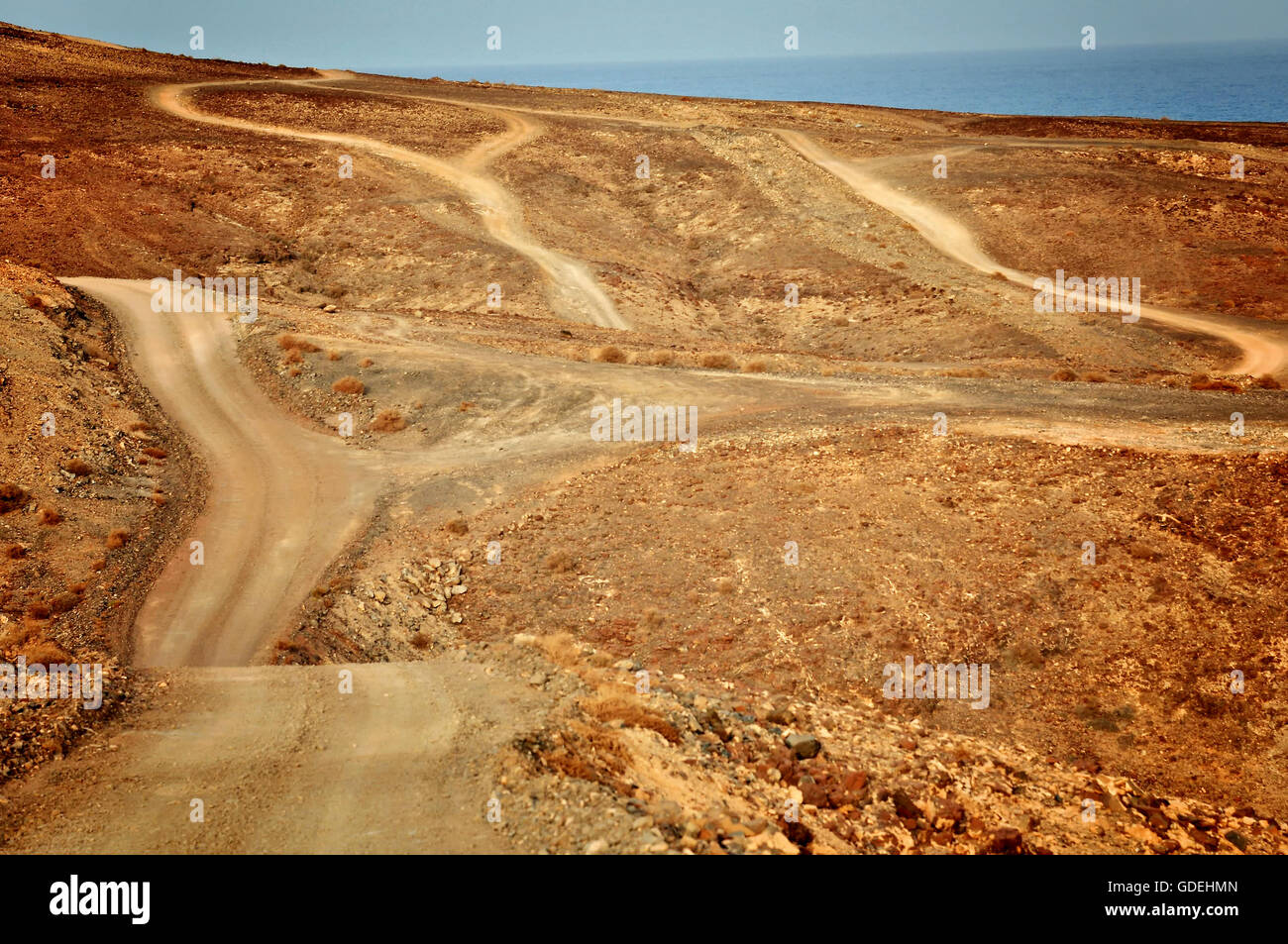 Dirt roads through rural landscape, Fuertaventura, Canary Islands ...