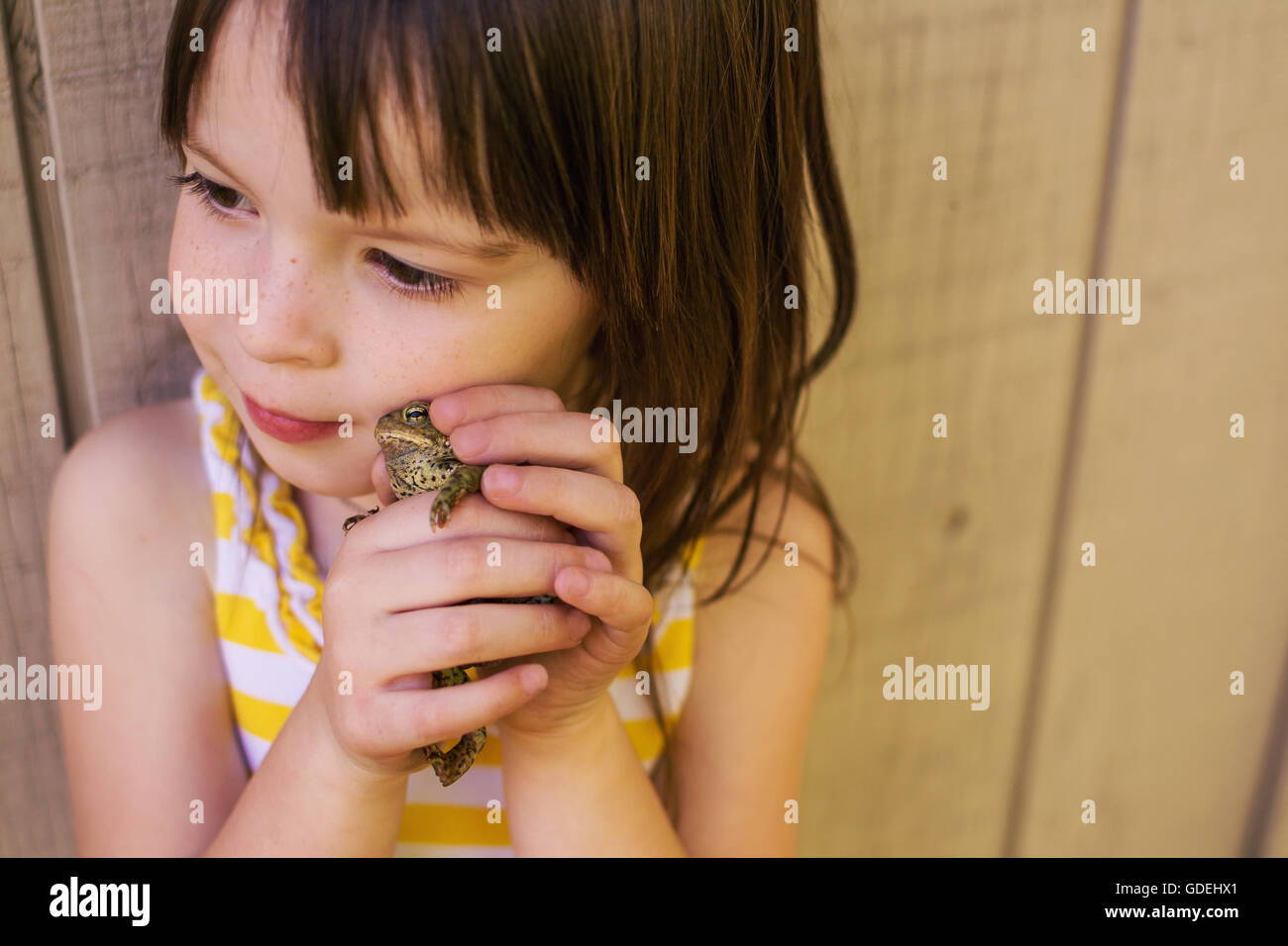 Girl holding a frog next to her face Stock Photo - Alamy