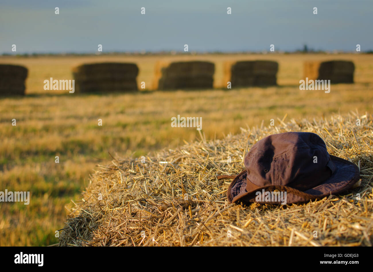 Hat on a hay bale Stock Photo - Alamy