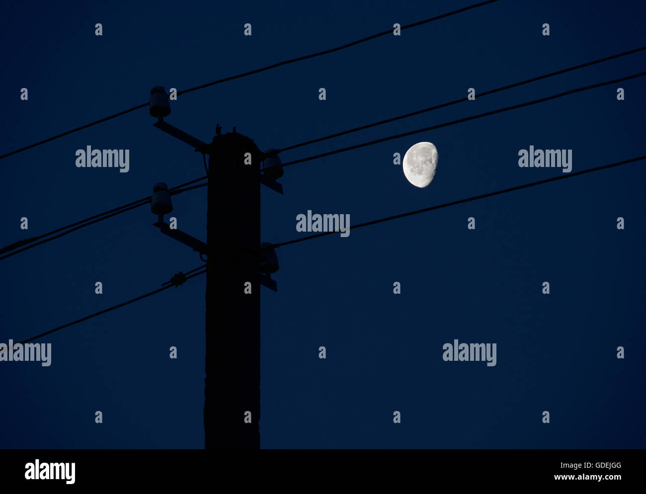 moon behind power cables Stock Photo - Alamy