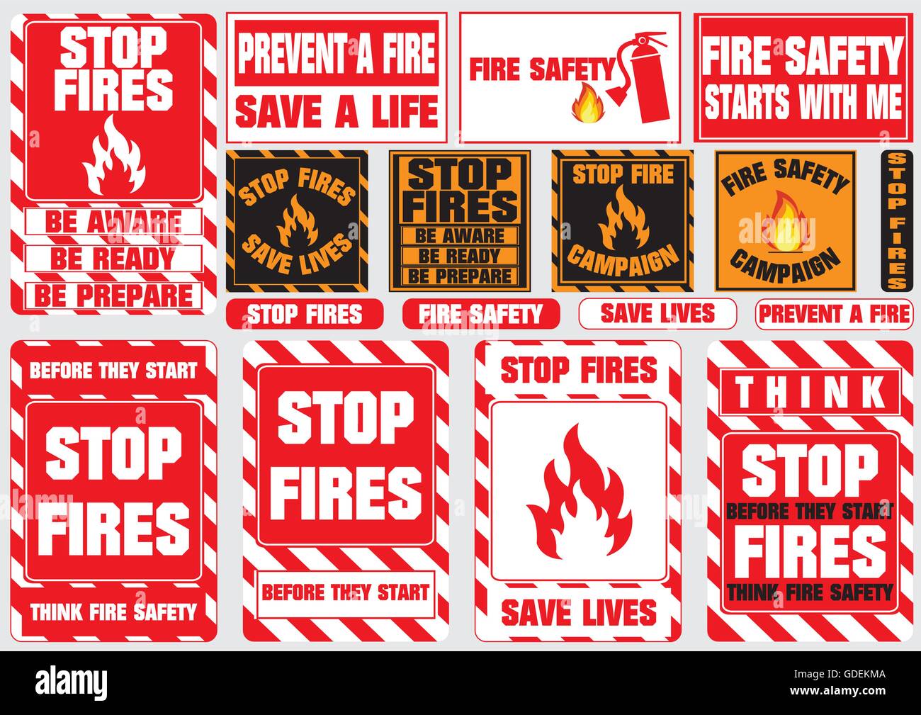 set of stop fire symbols (be aware, be ready, be prepare, save lives ...