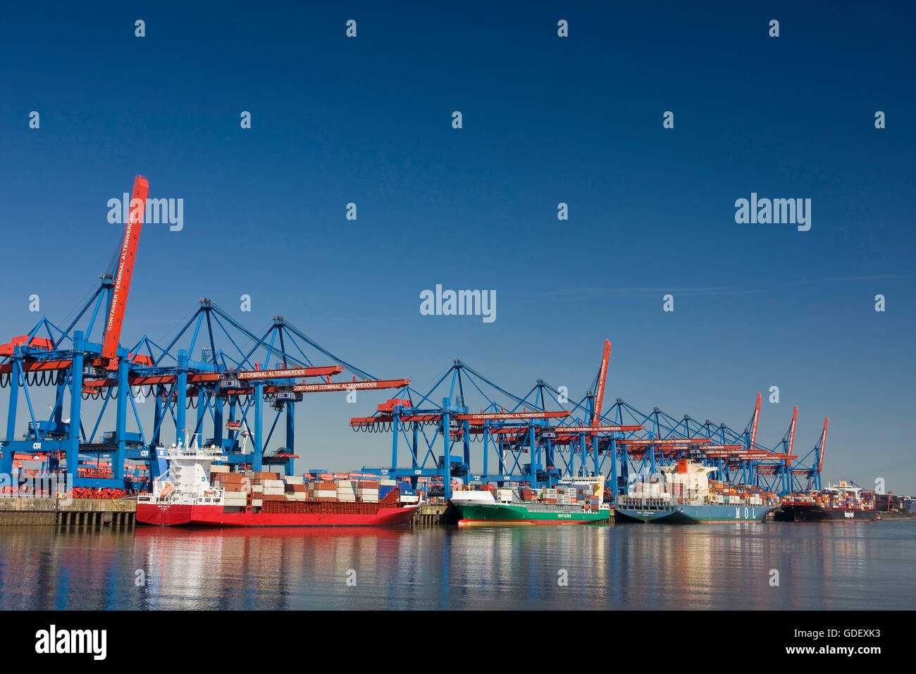 Container ships and Feeder on HHLA Container-terminal, Hamburg, Germany ...