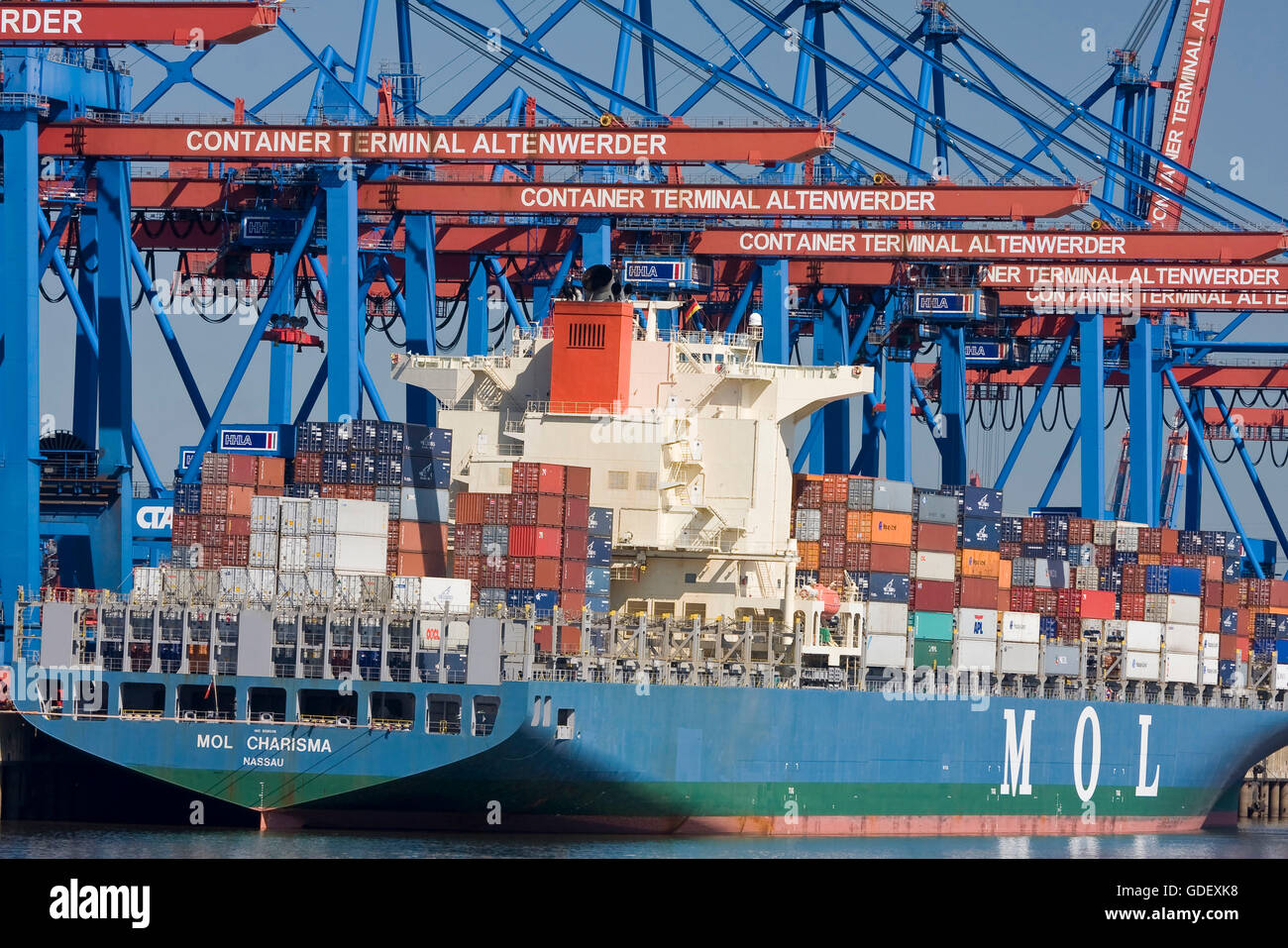 Container ships and Feeder on HHLA Container-terminal, Hamburg, Germany ...