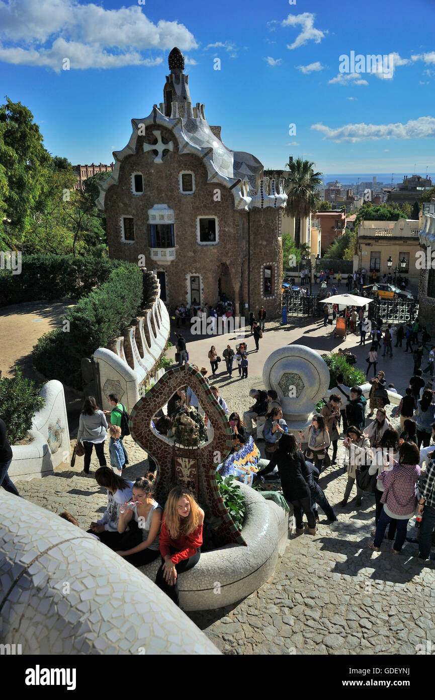Gaudi, Park Güell, monumental staircase, Barcelona, Catalonia, Spain ...