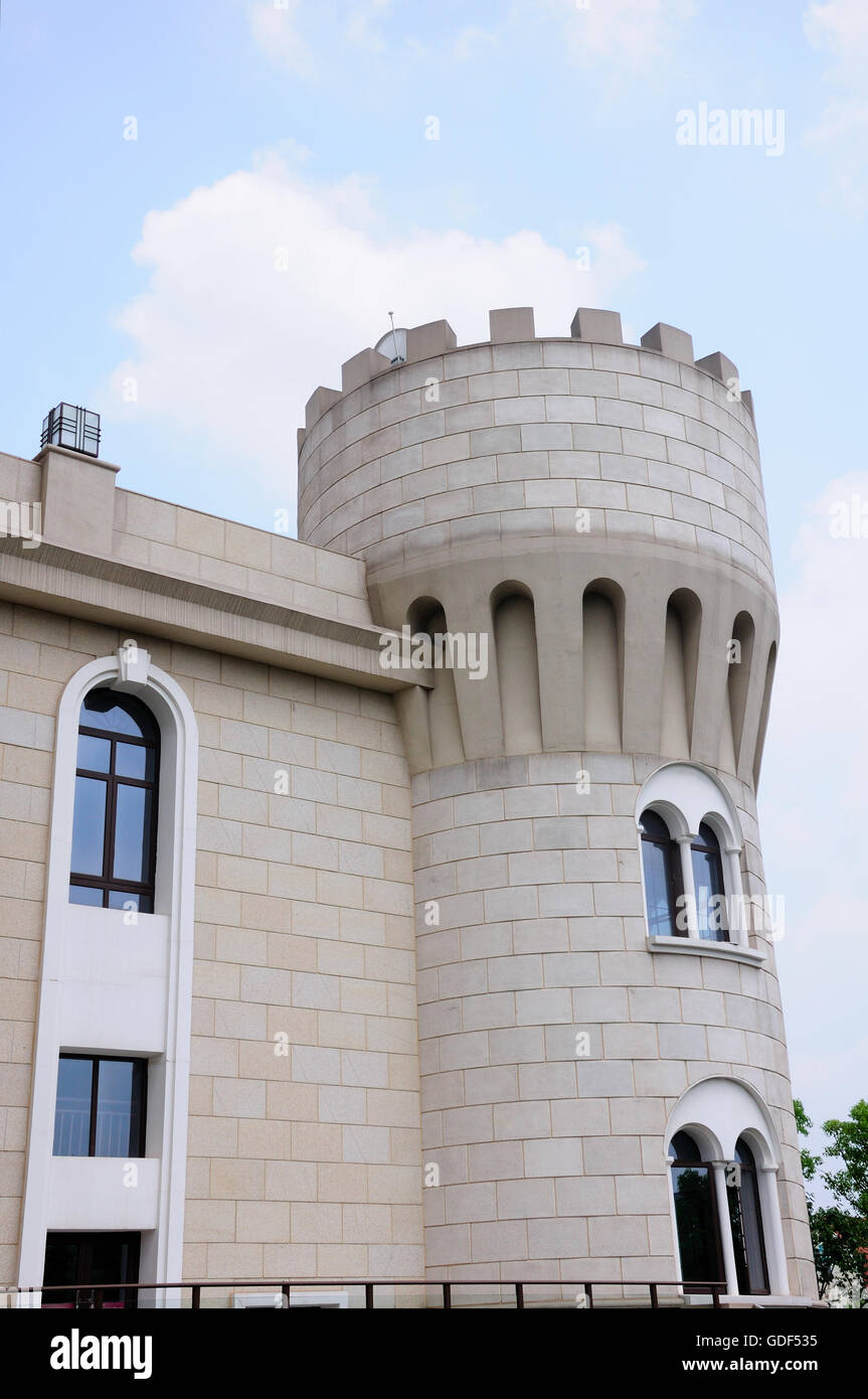 The european designed castle building and watch tower in Baoshan ...