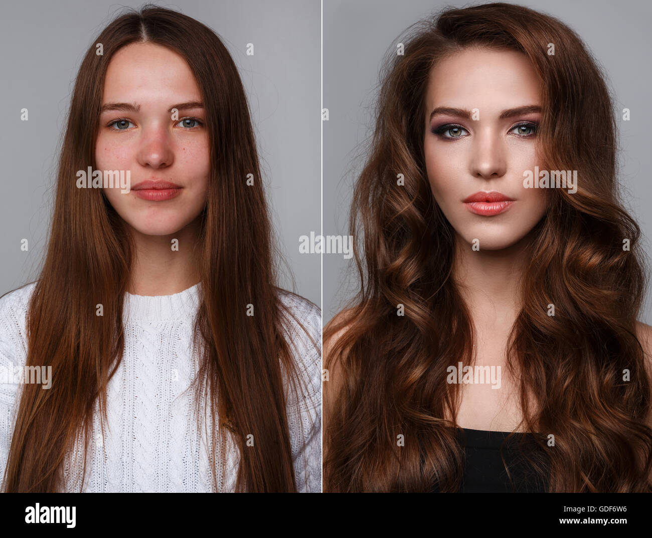 Picture of female face with comparison after makeup and retouch Stock ...